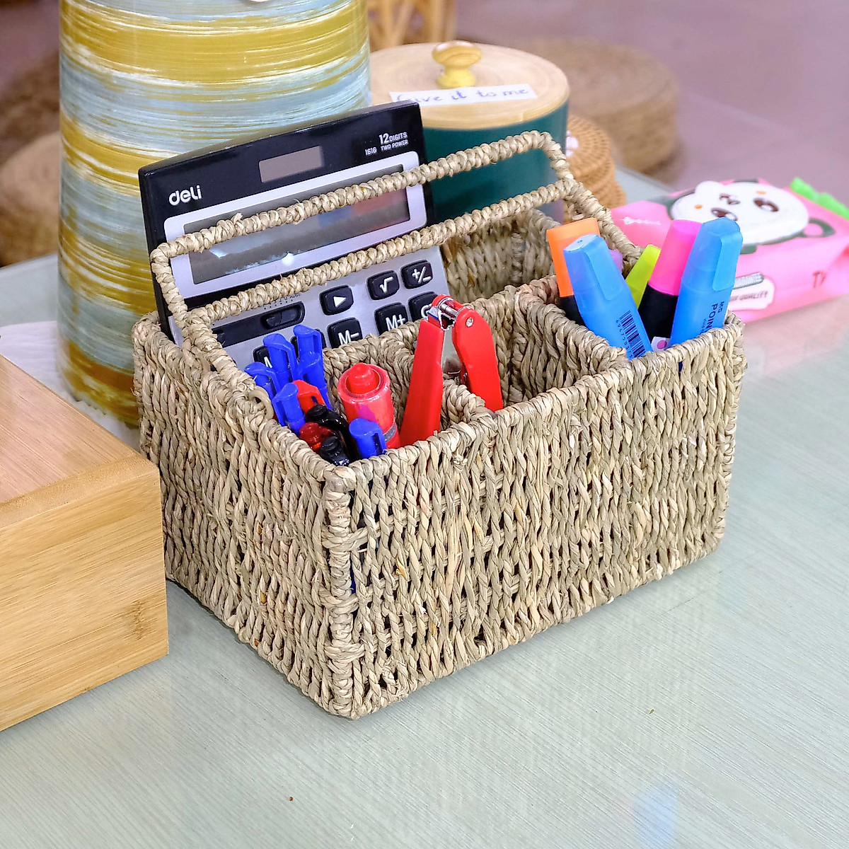 MadeTerra Wicker Utensil Caddy Carrier | Seagrass Woven Divided Cutlery Holder for Table - Kitchen Set Counter Top Organizer - Hold Silverware, Forks, Knives, Spoons, Napkins (Seagrass)