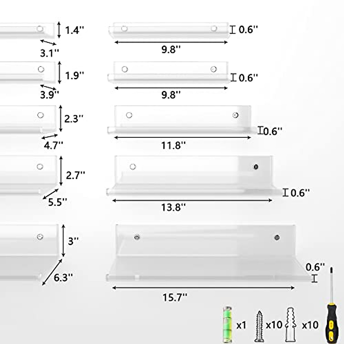 Avveckel Acrylic Shelves, Clear Shelves, 5 Set Different Sizes Acrylic Shelf Floating Clear Shelves for Wall Wall Décor Storage Bedroom, Living Room, Bathroom, Kitchen, Small Farmhouse