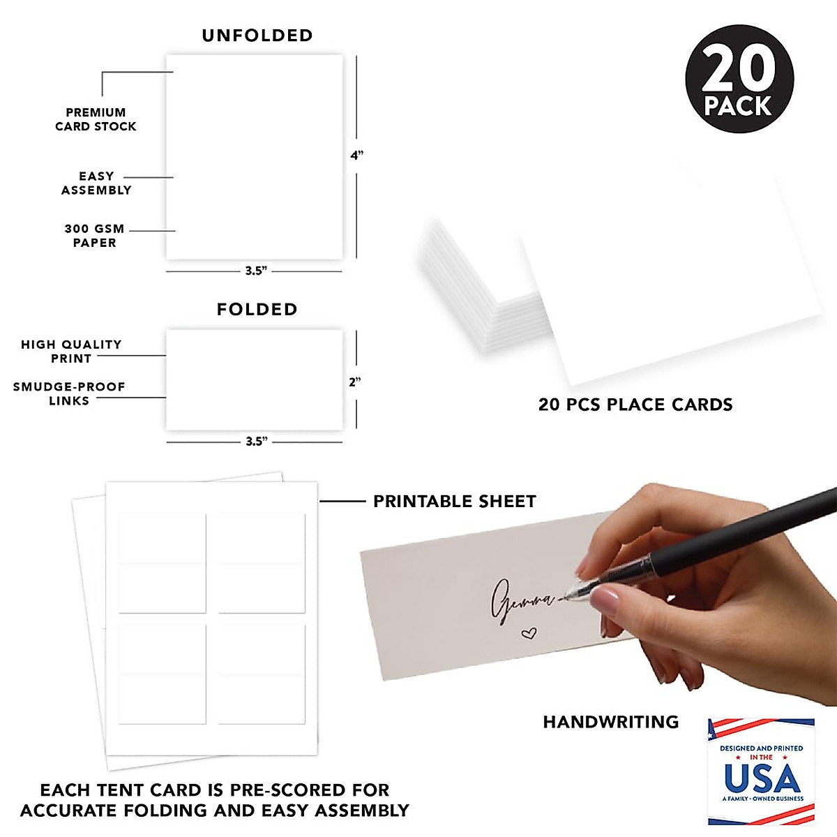 Andaz Press Table Tent Printable Place Cards White 20-Pack Seat Placement Cards Blank Place Cards For Table Settings Name Cards for Bridal Wedding Shower School Graduation Food Cards White Place Cards