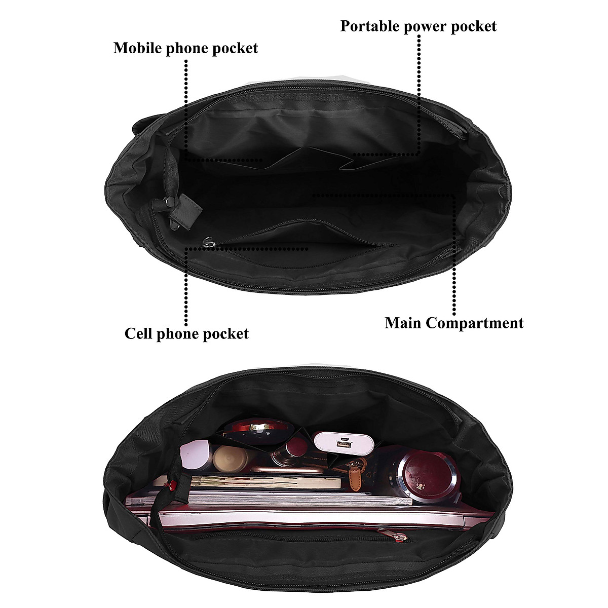 Canvas Tote Bag Waterproof Nylon Multi Pocket Shoulder Bags Laptop Work Bag Teacher Purse and Handbags for Women & Men (Black)