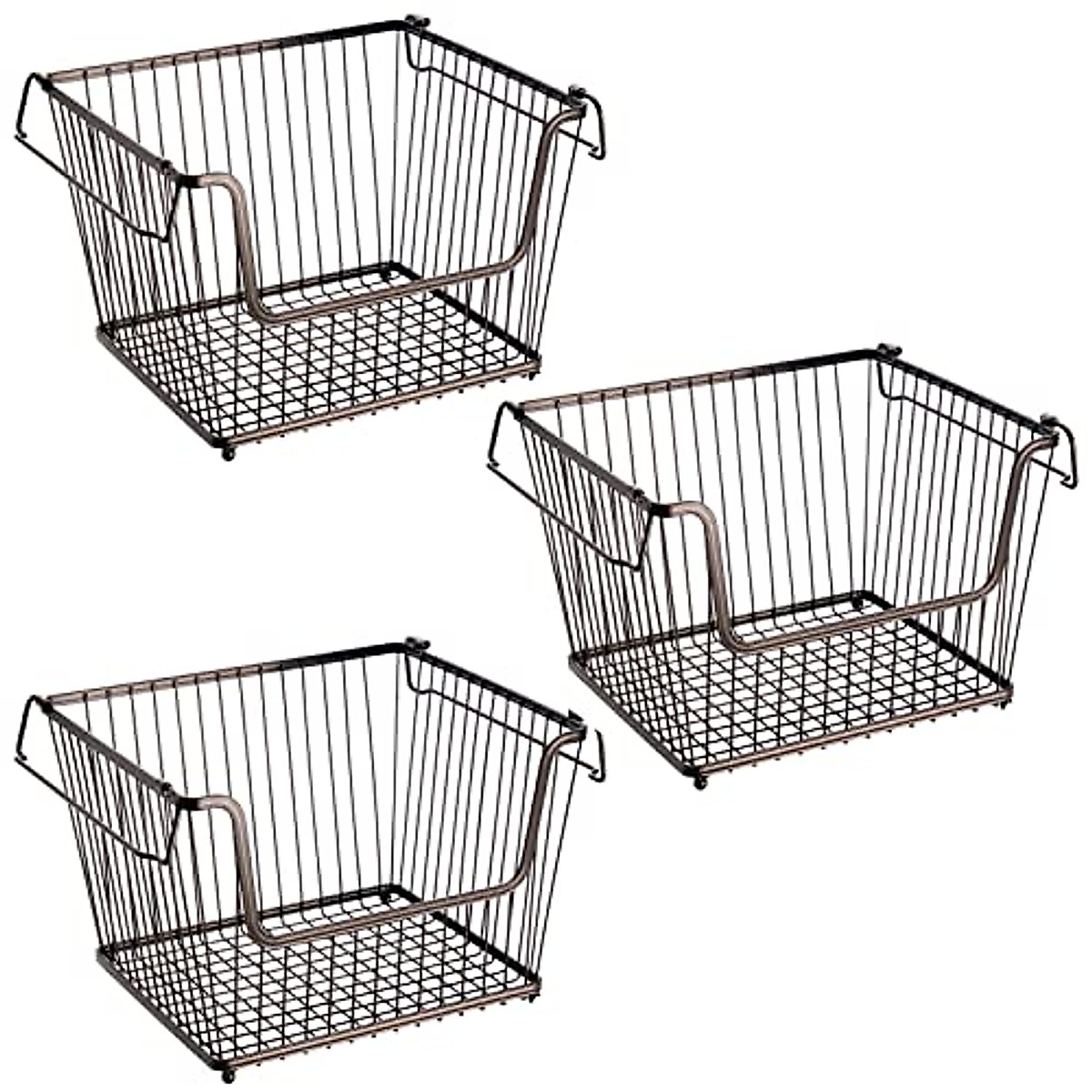 mDesign Stackable Metal Basket for Kitchen Storage - Large Wire Farmhouse Bin Basket w/Handles for Pantry - Stacking Wire Basket Organizer for Food, Drinks - Hyde Collection, 3 Pack, Bronze