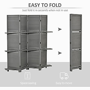 HOMCOM 4 Panel 67" Tall Wood Privacy Screen Room Divider with 3 Display Shelves, and Folding Storage for Bedroom or Home Office, Grey
