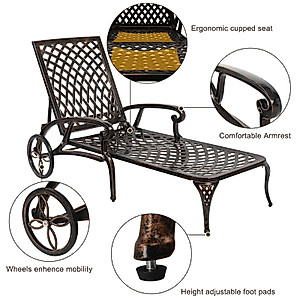 VINGLI Outdoor Chaise Lounge Chair with Wheels, Cast Aluminum Patio Chaise Lounge Furniture with 3-Position Adjustable Backrest, Tanning Chair for Poolside (1, Bronze, Without Cushion)