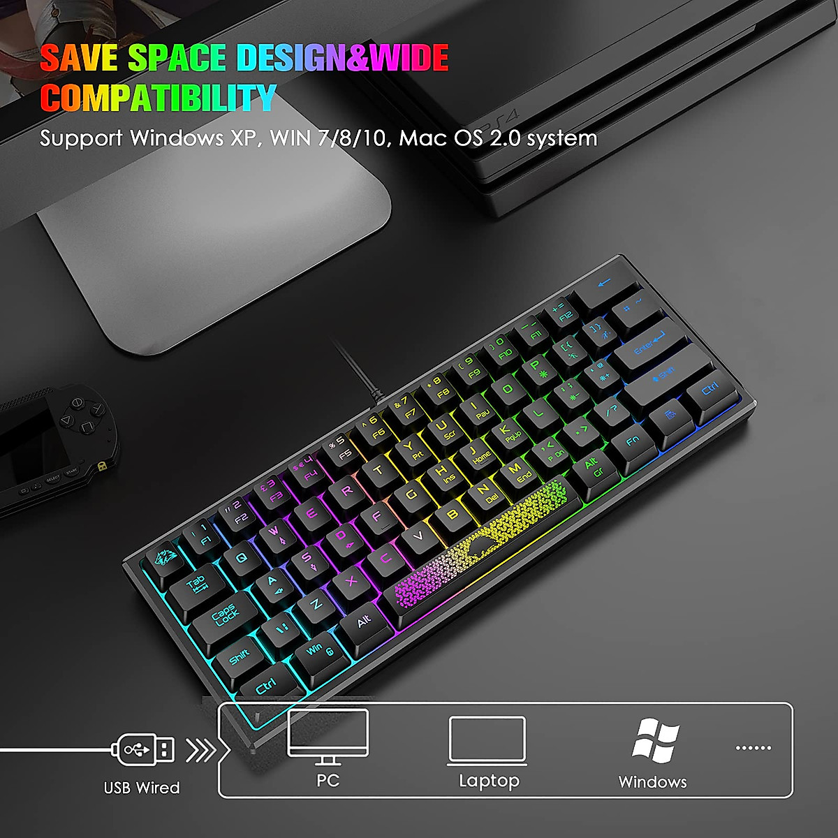 ZIYOU LANG K61 60% Gaming Keyboard Mini Portable with Rainbow RGB Backlit Ergonomic 62Key Layout 19Key Anti-ghosting Mechanical Feel Waterproof USB Wired for PC Mac Windows Gamer Laptop Typists(Black)