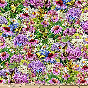 DAVID TEXTILES Hummingbird & Butterfly Garden Digital Cotton Print Fabric by The Yard, Multicoloured, 45 Inches