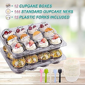 AUKUS (12 packs X 12 sets Cupcake Containers, Cupcake Carrier Holders,Deep Dome, Transparent Disposable with 150 Pack Cupcake liners and 15 forks