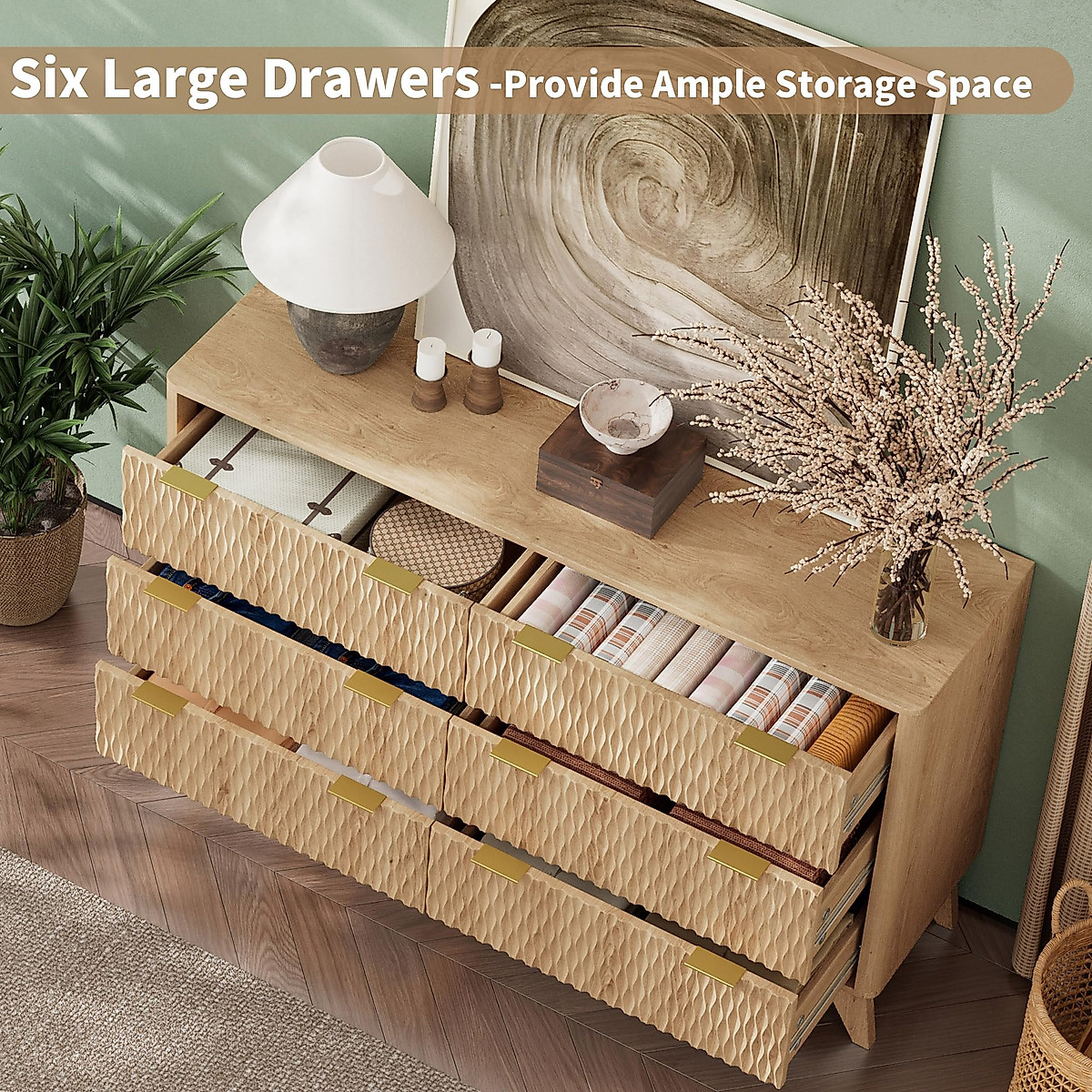 Cooday Diamond-Fluted 6 Drawers Dresser, Modern Dressers & Chests of Drawers, 54" Wide Light Wood Dresser for Bedroom, Storage Cabinet Organizer for Hallway(Natural)