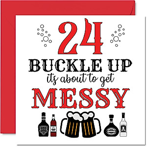 Fun 24th Birthday Cards for Men Woman - Buckle Up - Happy Birthday Card for Son Daughter Brother Sister Uncle Aunt Niece Nephew Cousin, 5.7 x 5.7 Inch Greeting Cards, Joke Birthday Card