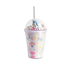 SunHome Unicorn water bottle with colorful bubbles and real 3D unicorn lid unicorn straw cup BPA-Free Double wall unicorn water bottles for girls boys adults Kids