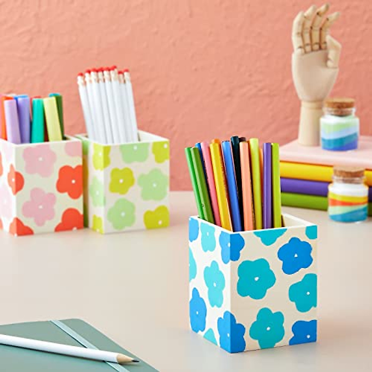 3-Pack Unfinished Wood Pencil Holder Cups for Office Supplies, Wooden Pen Organizer for Desk Organization, Classroom, Home, Accessories Storage, Arts and Crafts (3x3.5 in)