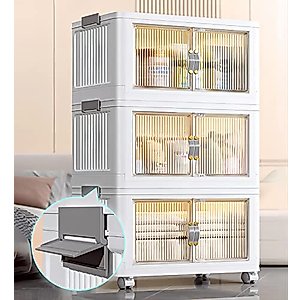 JOYBOS 3 Pack Stackable Storage Bins With Lids and Double Doors,16 Gal Collapsible Plastic Closet Organizers and Storage, Large Folding Storage Box Containers With Wheels for Home,White