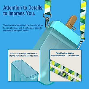 Cute Water Bottle with Straw, 300 ML Creative Ice Cream Popsicle Cups with Adjustable Shoulder Strap for School Girls Kids, Kawaii Flat Portable Leak proof Drinking Bottles for Camping Travel - Blue