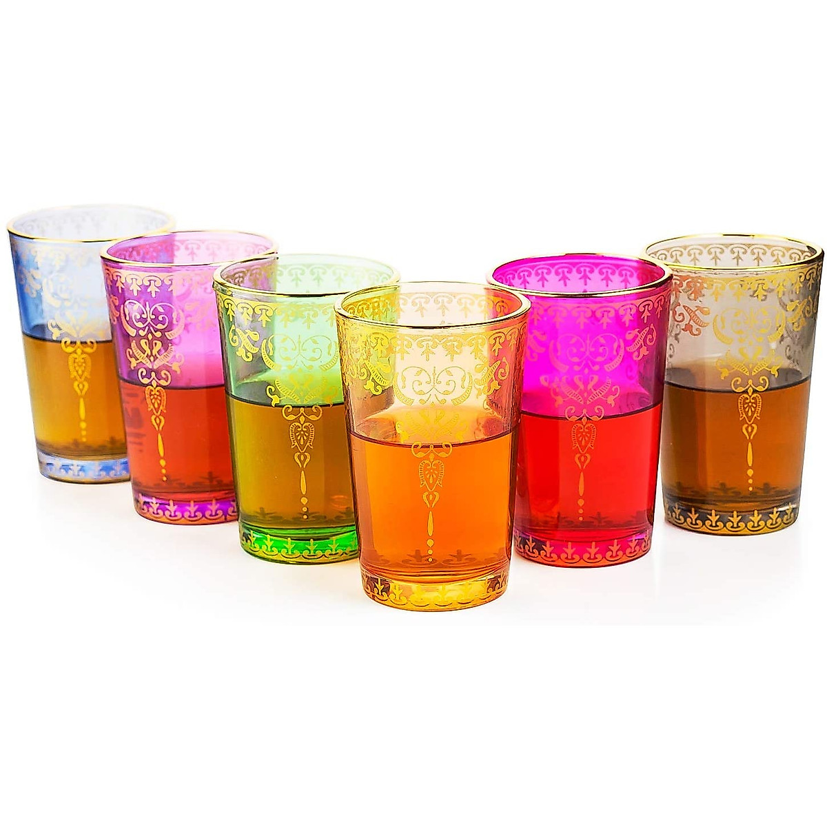 The Wine Savant Moroccan Glasses Artisan Hand-Made Multipurpose 170 ml 6 oz Tea and Wine Morrocan Tumbler Marrakech & Casablanca Tea Cups Set of 6 (6 Colors)