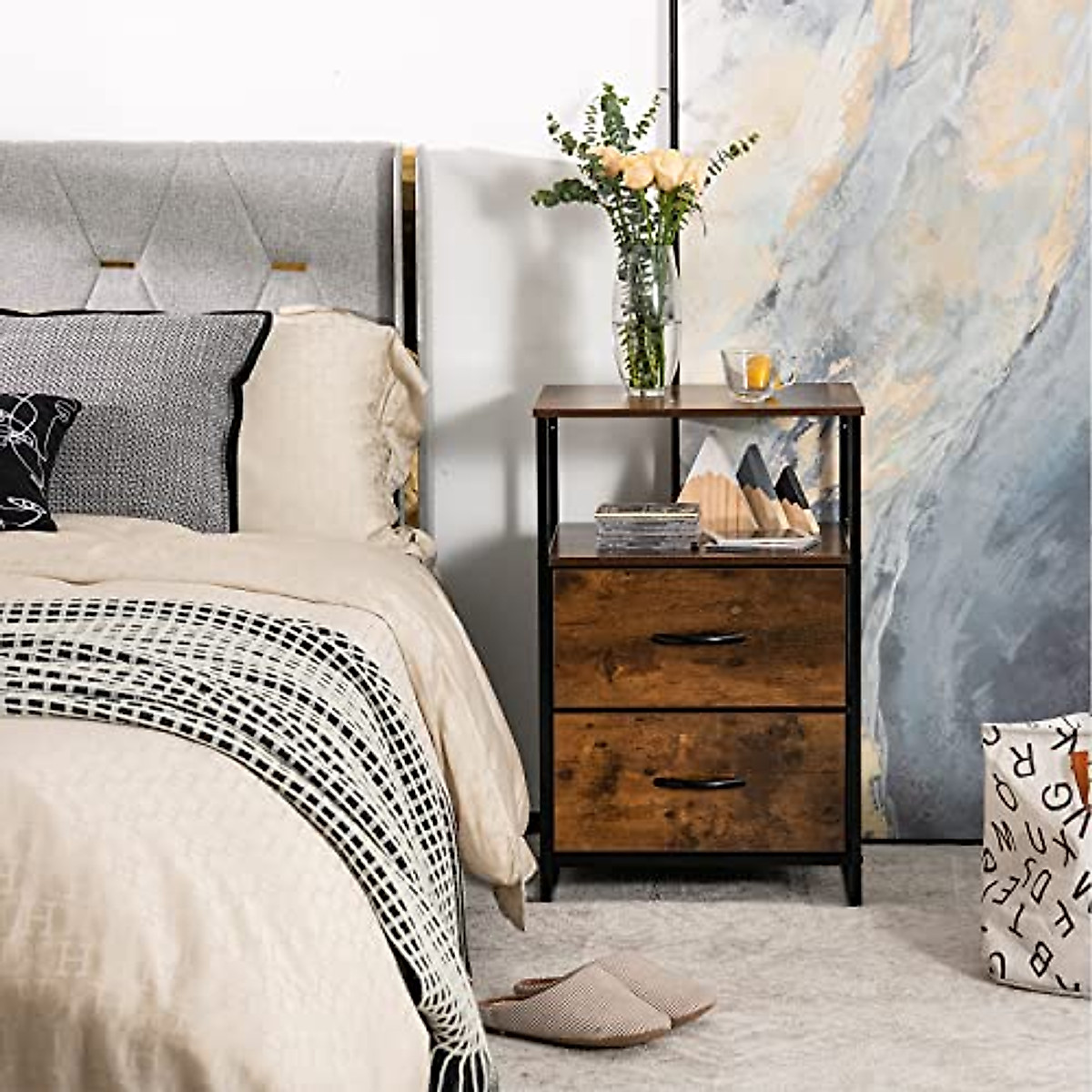 Giantex 2 Drawer Dresser for Bedroom, Tall Nightstand Storage Tower w/Folding and Removable Fabric Drawers, Metal Frame, Closet Organizer, Sofa Side Table for Living Room Beside End Table, Brown (1)