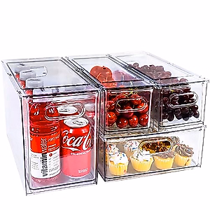 NuSaile Stackable Refrigerator Organizer Bins Pull Out Drawers with Handles - Vegetable and Fruit Storage Containers for Fridge - Kitchen Food Storage Bins - 9L+6L with Dividers+3L+3L (4 PC Set)