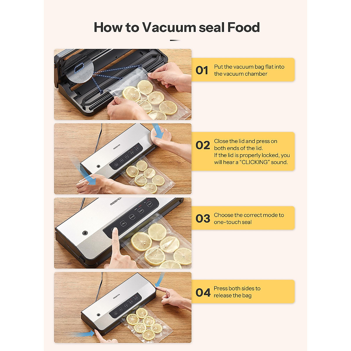 Vacuum Sealer Machine, Reemix Automatic Food Vacuum Sealer with Starter Kit, Air Sealing for Food Storage with 20 Bags, Pulse Function, Moist&Dry Mode and External VAC