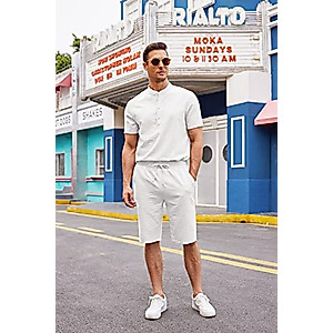 COOFANDY Men's 2 Pieces Linen Set Casual Henley Shirts Short Sleeve Beach Yoga Shorts Summer Pants Outfits