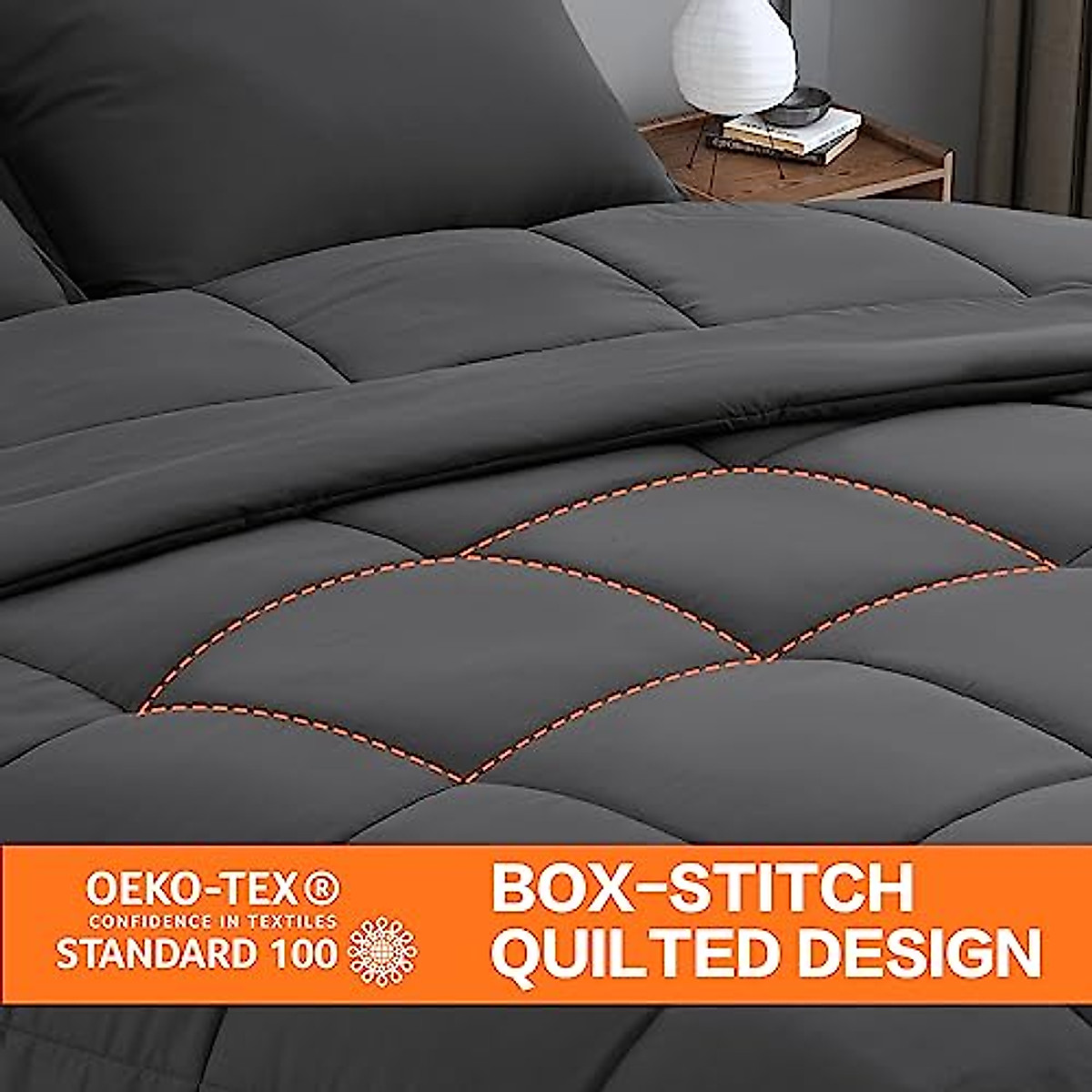 PATSBA Queen Size Comforter Set -7 Pieces All Season Bed in a Bag - Ultra Soft Down Alternative Bedding Sets with Comforter, Flat Sheet, Fitted Sheet, 2 Pillowcases & 2 Pillow Shams (Dark Gray)