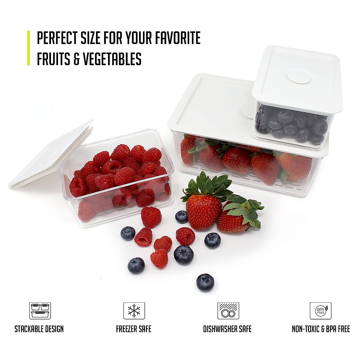 Refrigerator Organizer Bins with Removable Drain Tray for Fruits and Vegetables, Produce Saver, Small and Medium Storage Containers, 3-Piece Set, Clear, Dishwasher Safe, BPA-Free, Stackable Fridge Bin