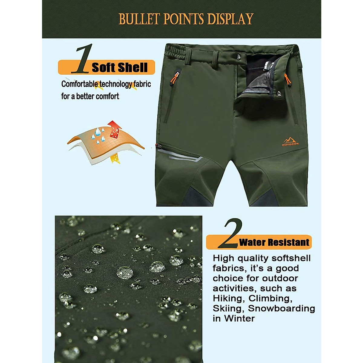 MAGCOMSEN Waterproof Pants for Men Hiking Pants Mens Work Pants Men Fleece Lined Pants Ski Pants Snow Pants Winter Pants Men Snowboard Pants Climbing Pants Softshell Pants for Men Green