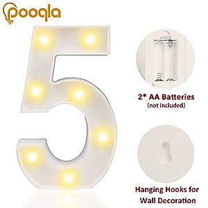 Pooqla Decorative Led Light Up Number Letters, White Plastic Marquee Number Lights Sign Party Wedding Decor Battery Operated Number (5)