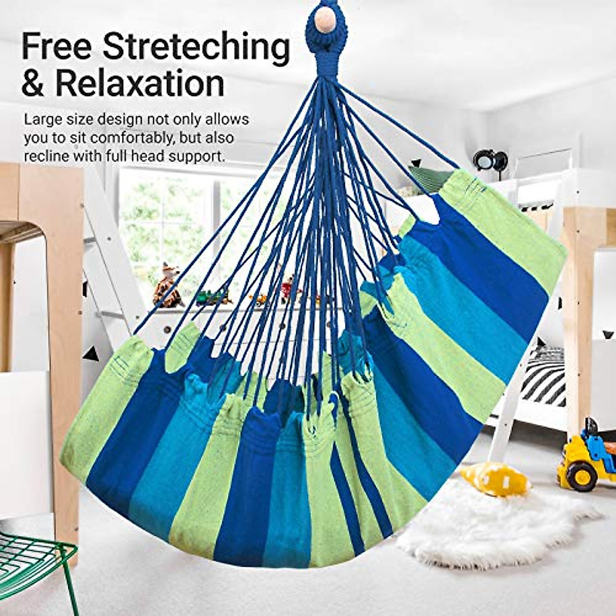 Ankwell Hammock Chair Hanging Rope Swing Seat - 2 Cushions Included - Max 330 Lbs - Quality Cotton Weave for Indoor or Outdoor Spaces (Green-Blue)
