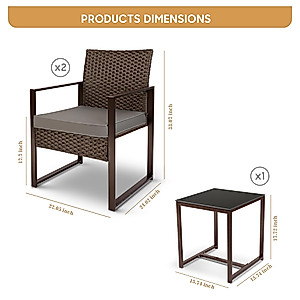 YIYAN 3 Pieces Outdoor Furniture Set Patio Rattan Wicker Chairs & teatable,Lawn Garden Balcony Backyard,with Washable Cushion (Gray)