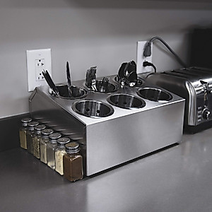 Stainless Steel 6-Compartment Utensil Holder (6 Inserts Included) - Flatware Cylinder Storage Caddy & Cups for Kitchen, Bars, Coffee Shops, Restaurants, & Hotels - Drying Rack for Silverware