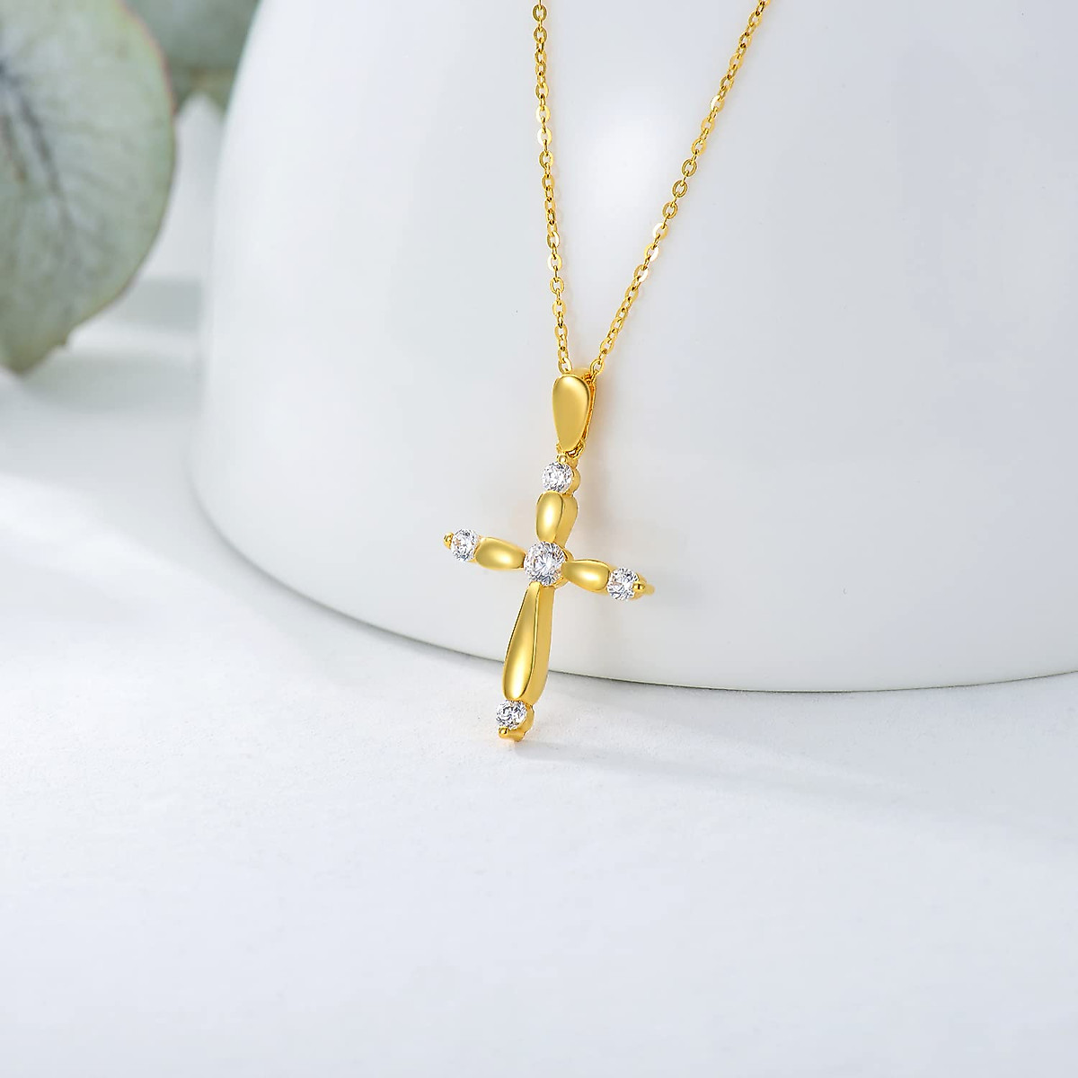 18K Yellow Gold Cross Necklace for Women, Real Gold Shiny Blessing Cross Pendant Religious Jewelry Gifts for Her, Mom, Wife, Girls, 18", Thickness 2.3mm