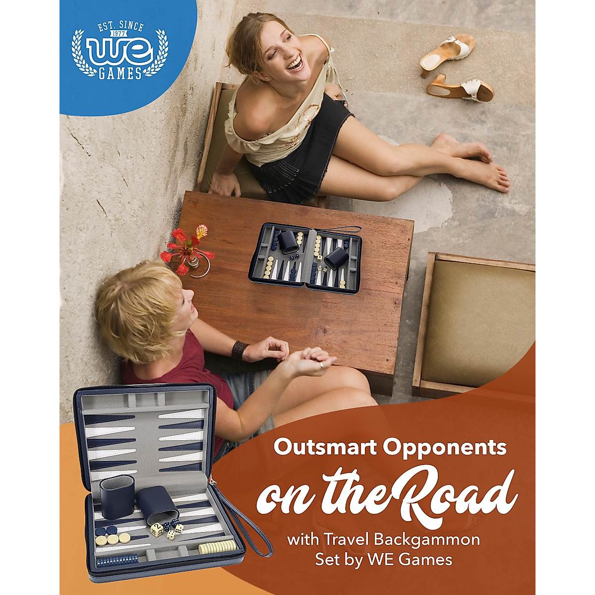 WE Games Backgammon Set, Board Games for Adults - Travel Games - Magnetic with Navy Blue Leatherette Backgammon Board and Carrying Strap - Travel Backgammon Sets for Adults