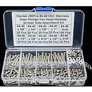 Elantek #4-40 UNC 304-Stainless Steel Phillips Pan Head Machine Screws Nuts Assortment Kit