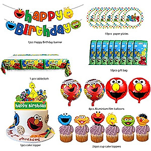 51-piece themed Birthday party Supplies set includes banners, tablecloths, balloons, dinner plates, goody bags, cake toppers and cupcake toppers for boys' and girls' birthday party decorations