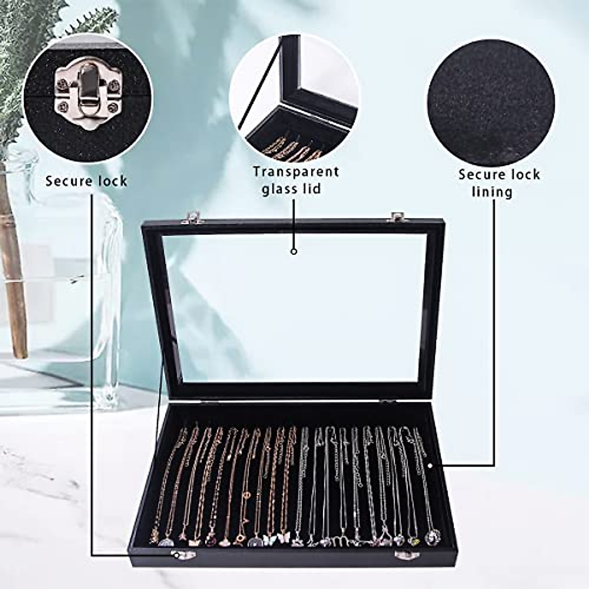 ByKen Jewelry Glass lid 20 Hooks Necklace Organizer Box,Necklace Tray,Necklace Display Box,Chains Showcase Storage Boxes for Show Stackable (Black Velvet)