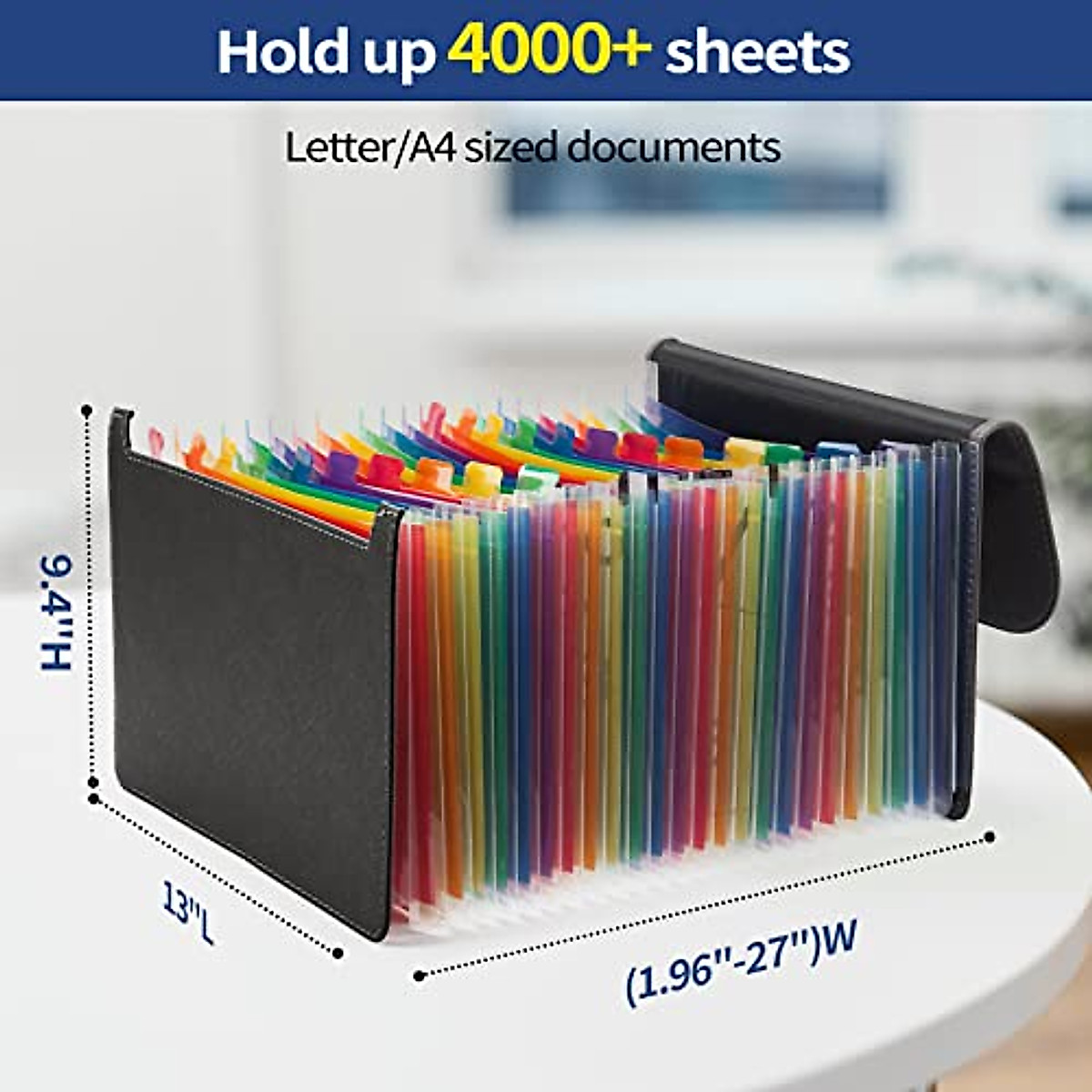 Sooez 24 Pockets Accordion File Organizer, Letter Size, Durable Leather Expanding File Folder, Paper Bill Tax Receipt Organizer, Large Capacity Document Holder with Blank Labels, Black