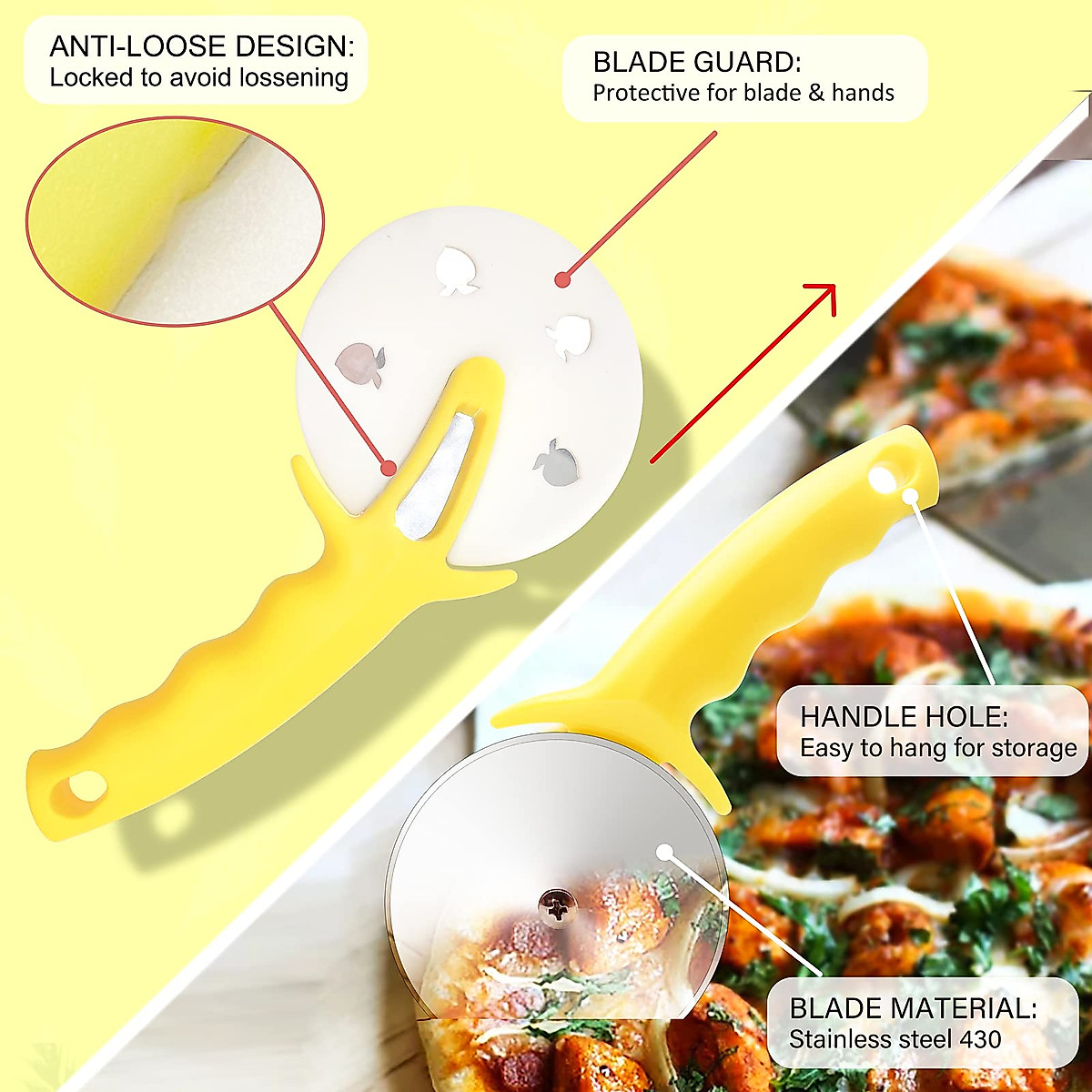 4-Inch Super Sharp Pizza Cutter Wheel,Stainless Steel Large Blade Pizza Cutter with Cover,Premium Kitchen Pizza Slicer with Good Grips Handle,Easy to Clean and Dishwasher Safe-Yellow