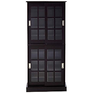 Atlantic Windowpane Media/Storage Cabinet - Tempered Glass Pane Sliding Doors, Stores Optical Media Like CD/DVD/BD/Game Discs, Collectables & Memorabilia Collections, PN 94835757 in Espresso