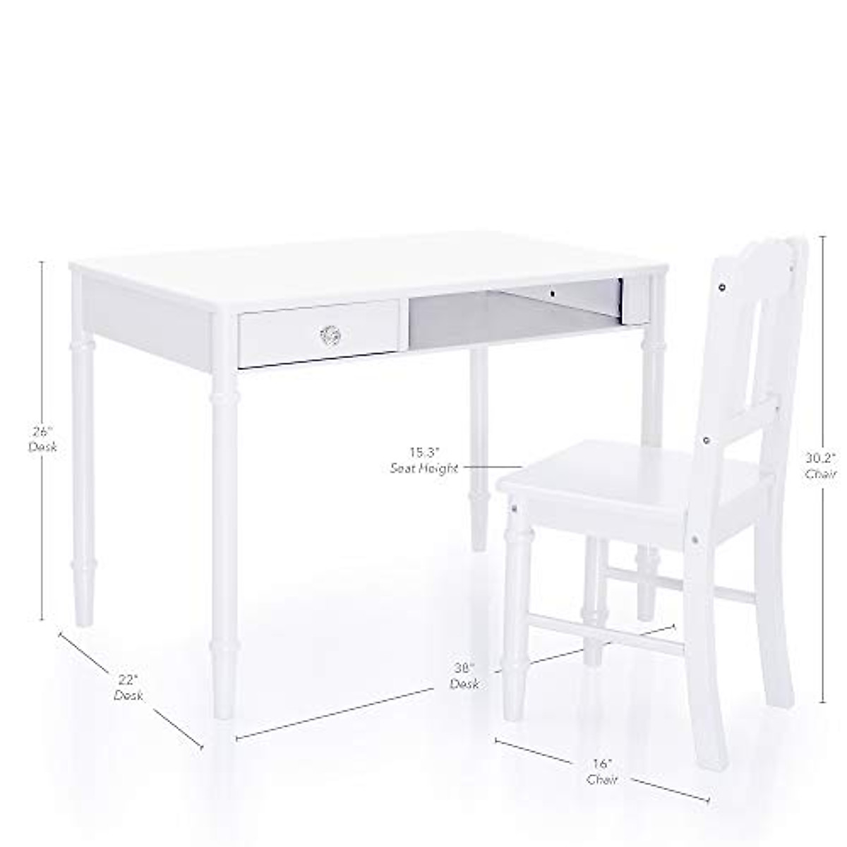 Guidecraft Dahlia Desk and Chair Set - White: Children’s Home Wooden Study Table for Computer, Homework, Writing with Storage Drawers, Kids Bedroom Furniture Workstation