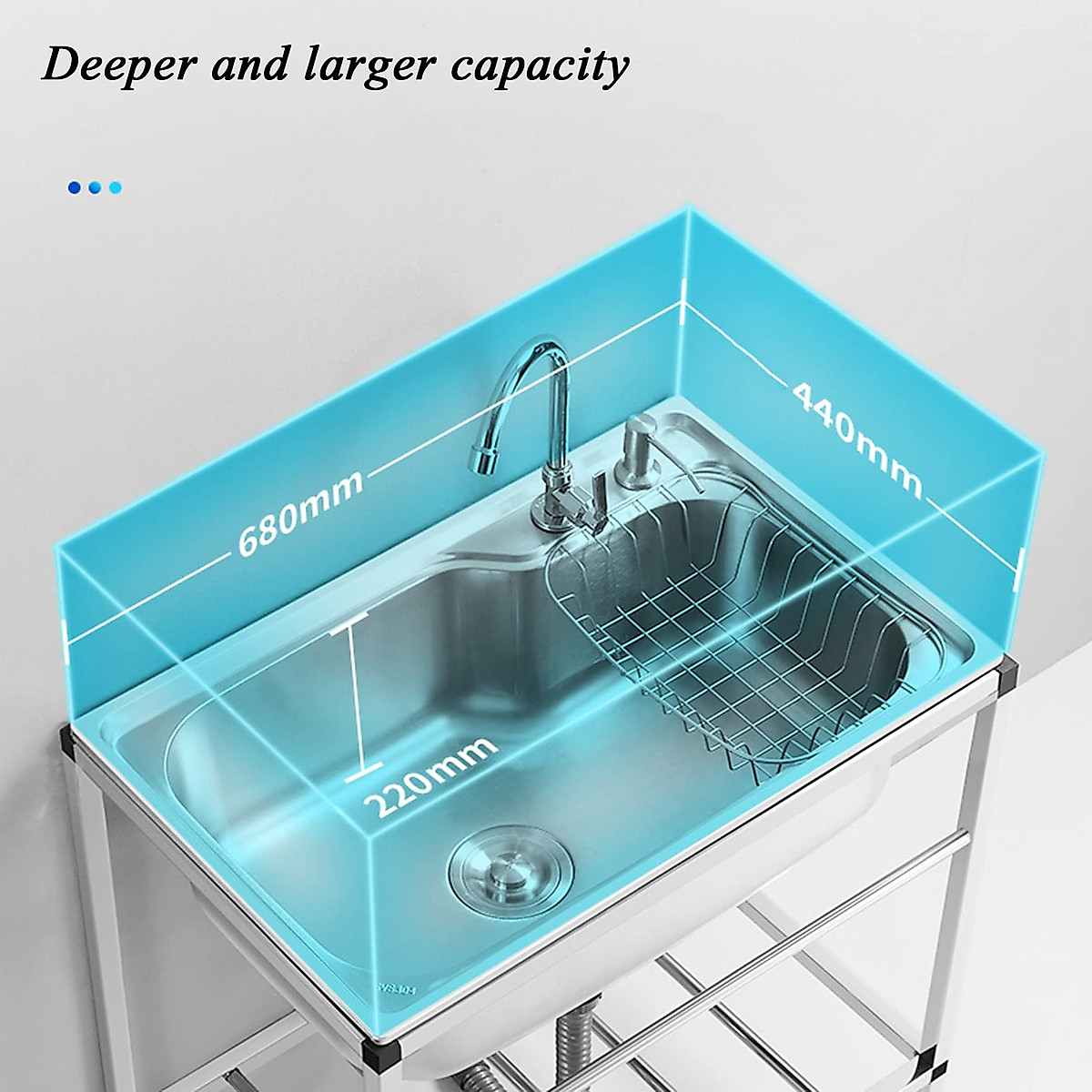 Single Bowl Stainless Steel Sink Free Standing Commercial Restaurant Kitchen Sink with Faucet Utility Washing Hand Basin Laundry Tub for Indoor Outdoor, 28x18.5x29.5inch