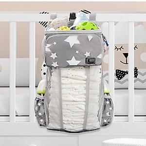Inlisy Hanging Diaper Caddy - New Upgraded Wipe Warmer Diaper Stacker, Hanging Diaper Caddy Organizer for Changing Tables, Cribs, Walls and Doors -Gifts for Mom Newborn(Grey Stars)