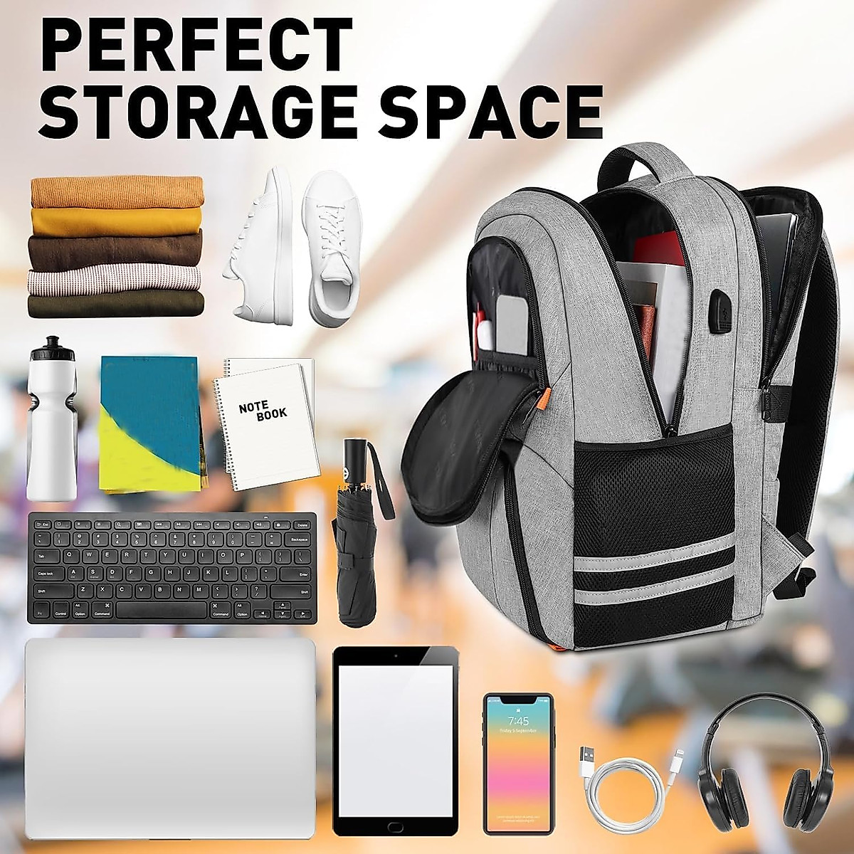 Ytonet Gym Backpack For Men Women, Travel Backpack With Shoe Compartment USB Charging Port, Water Resistant Medical Laptop Backpack Fit 15.6 Inch Notebook, Camping, Hiking, School, Grey