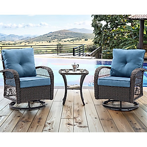 UDPATIO 3 Pieces Patio Furniture Set, Outdoor Swivel Gliders Rocker, Wicker Patio Bistro Set with Rattan Rocking Chair, Glass Top Side Table and Thickened Cushions for Porch Deck Backyard (Blue)