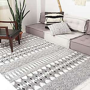 Eyes of India - 4 X 6 ft Off-White Black Cotton Block Print Area Dhurrie Rug Flat Weave Hand Woven Tassel Boho Chic Indian Bohemian Accent Handmade Handwoven