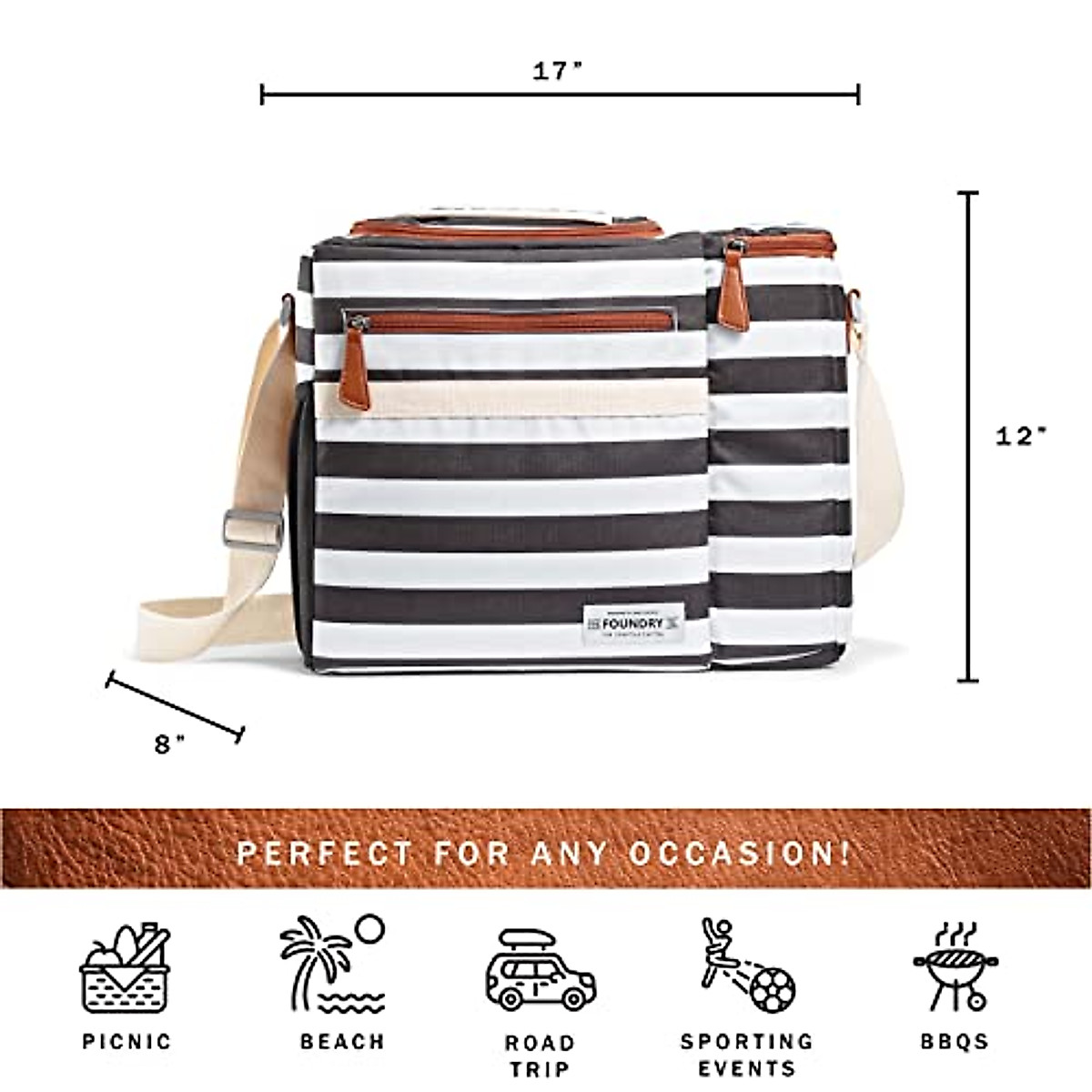 Foundry by Fit + Fresh, Brooks Dual-Compartment Insulated Cooler Bag with Wine Cooler Compartment, Food & Beverage Beach Bag, Picnic Basket, Perfect For Tailgating & Camping Accessories, Black & White