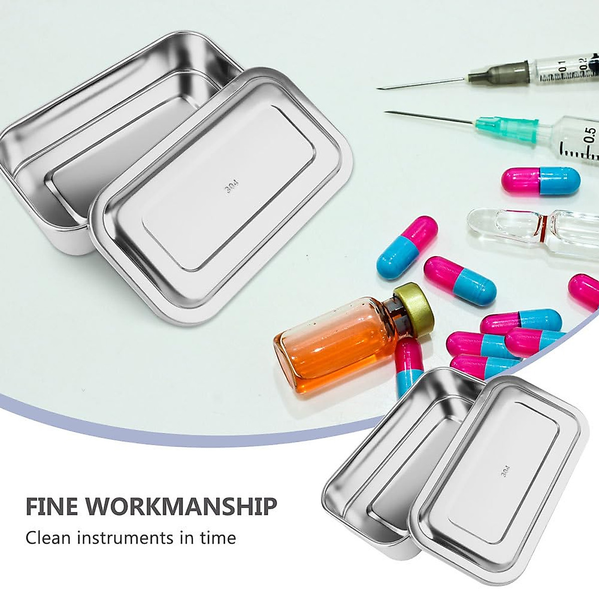 Baluue Stainless Steel Instruments Trays with Lid, Plate Trays Boxs, Sterilized Metal Box Organizer for Lab Instrument Container Supplies Silver 8 Inch