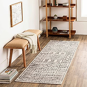 Hauteloom Greig Farmhouse Moroccan Geometric Area Rug - Boho Aztec Tribal Carpet for Living Room, Bedroom, Dining Room - Bordered - Off White, Black, Grey - 7'10" Round Rug