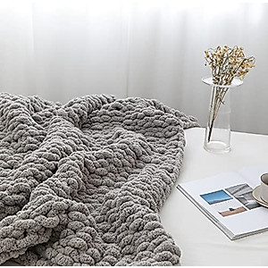 Chunky Knit Blanket Soft Chenille Yarn Knitted Throw Blanket 50"X60" Handmade Cable Warm Thick Giant Blanket for Couch Bed Trips (Light Grey, Throw 50"X60")