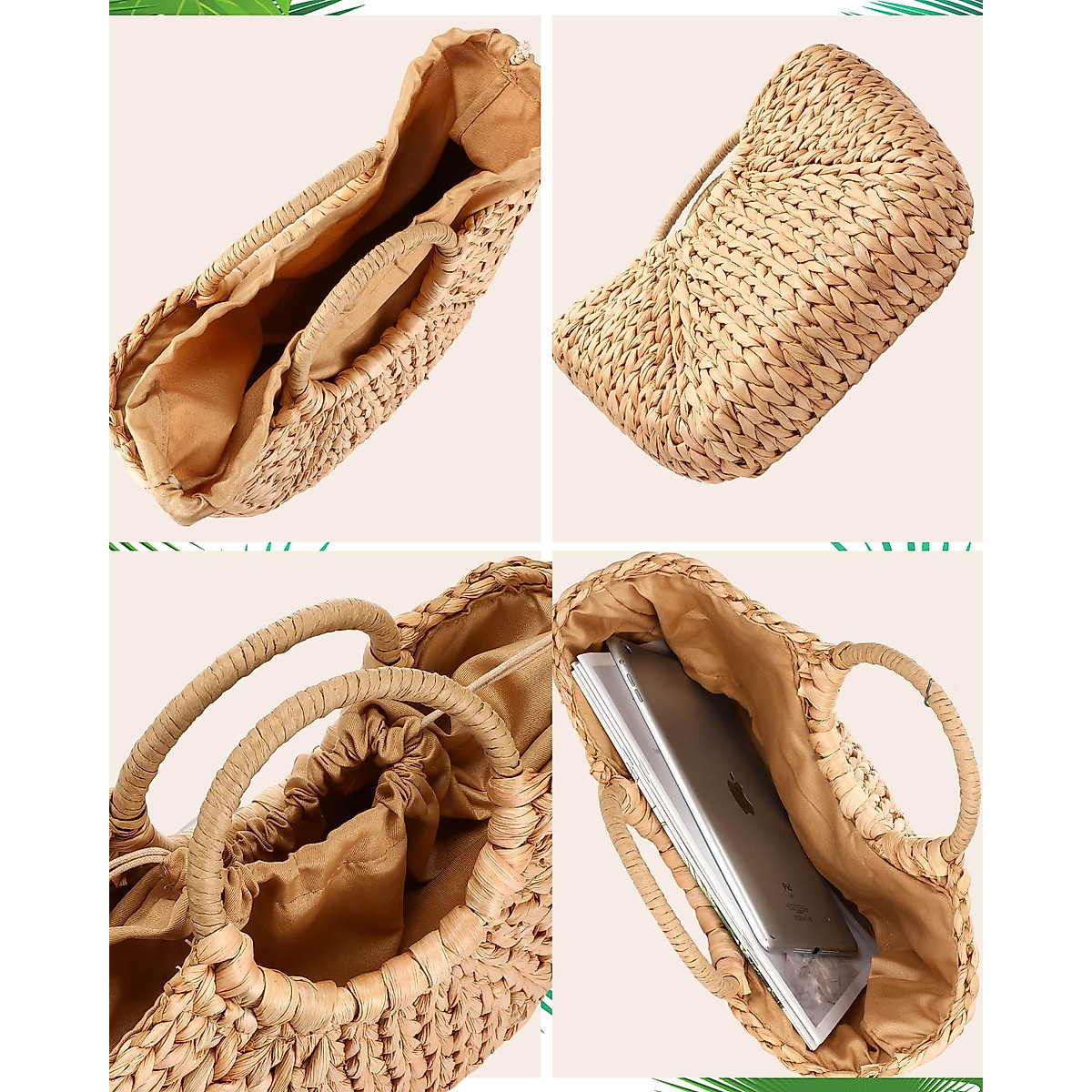 Loetere 5 Pcs Women Large Straw Beach Bag 5.5 Inch Big Bowknot Straw Beach Hat with Rattan Earrings Set Summer Handwoven Straw Tote Bag Wide Brim Floppy Sun Hat Foldable for Summer Vacation Travel