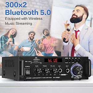 SOBATTY Home Audio Receivers & Amplifier HiFi Bluetooth Stereo Audio Amplifier Max 300Wx2 Wireless Bluetooth 5.0, RMS 40Wx2 Power Amp 2 Channel Stereo Receiver for Home Theater Speaker (BLACK1)