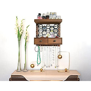 Wall Mounted Hanging Jewelry Organizer with 2 Big Storage Wooden Drawers + Honeycomb Earring Holder. Jewelry Stand with 2-layer Shelves +18 Necklace Hooks Display Bracelet, Ear Studs, Ring. Girl Gift
