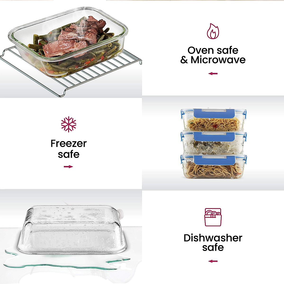 FineDine 24 Piece Glass Storage Containers with Lids - Leak Proof, Dishwasher Safe Glass Food Storage Containers for Meal Prep or Leftovers, Blue